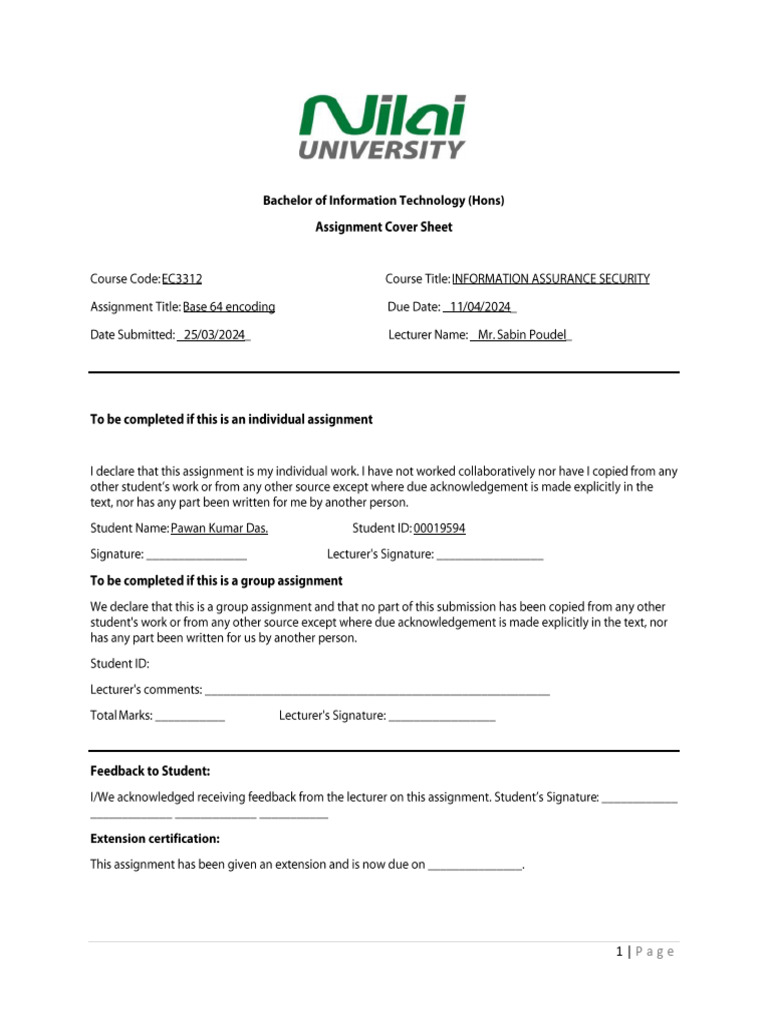Based 64 Encoding 00019594 Pawan Kumar Das Pdf String Computer Science Code