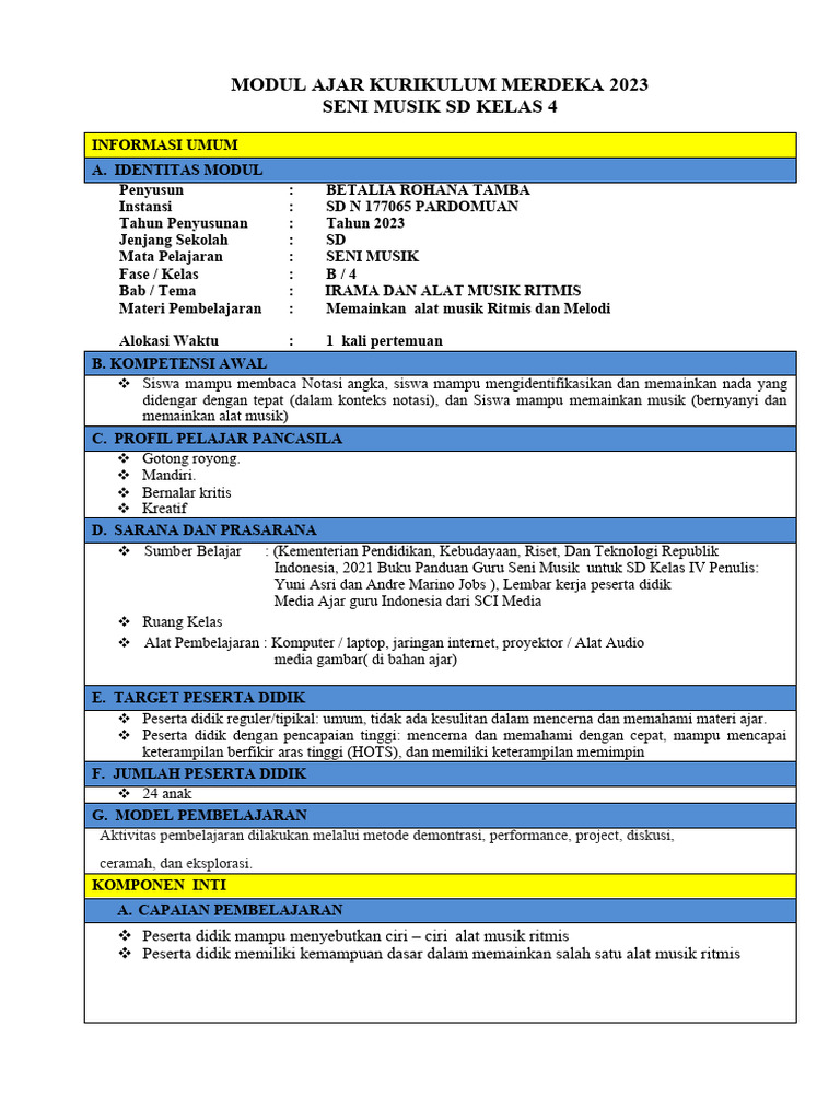 Modul Ajar Seni Musik SD Kelas 4 | PDF