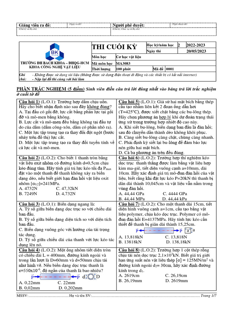 De Thi Cuoi Ky - HK222 - de 0001 - Final | PDF