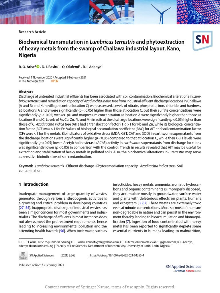 Biochemical Transmutation in Lumbricus Terrestris and Phytoextraction ...
