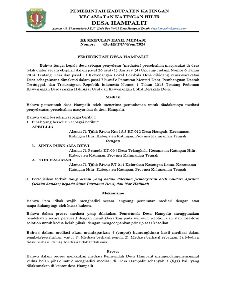 Contoh Hasil Mediasi Desa Hampalit | PDF