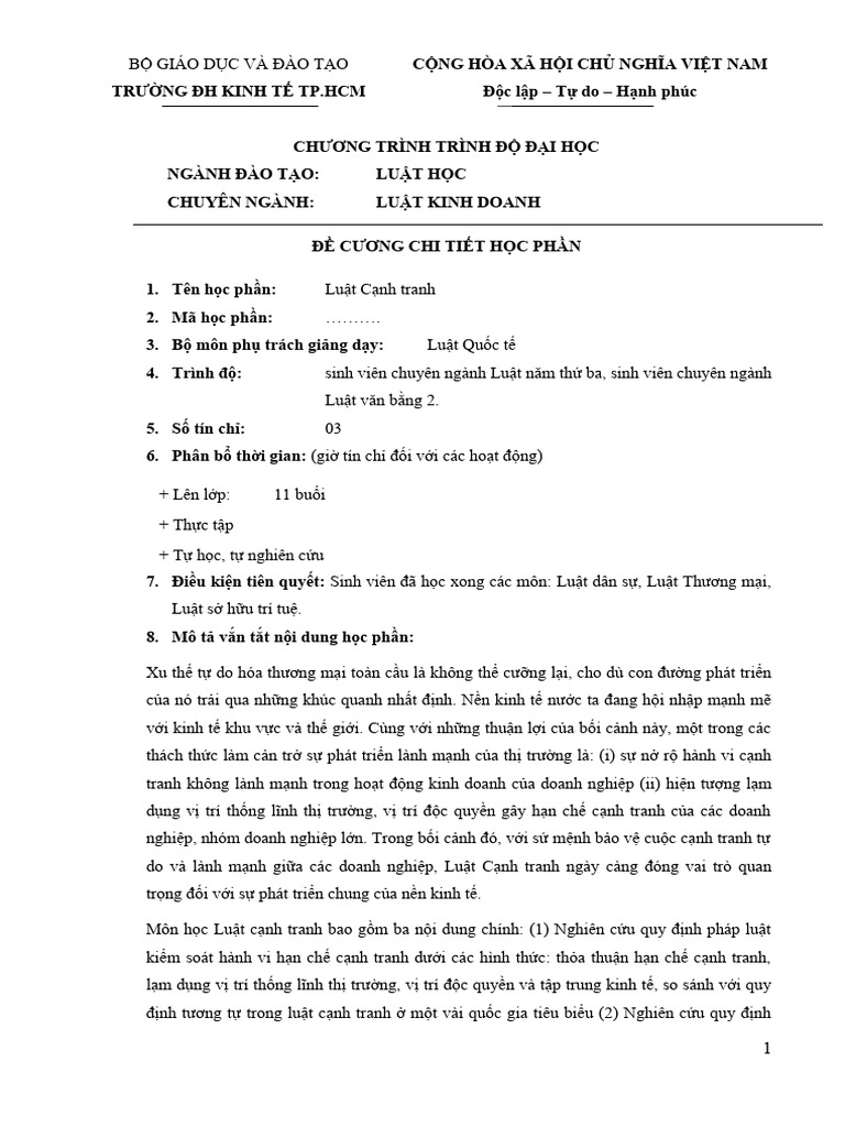 De Cuong Mon Hoc Luat Canh Tranh | PDF