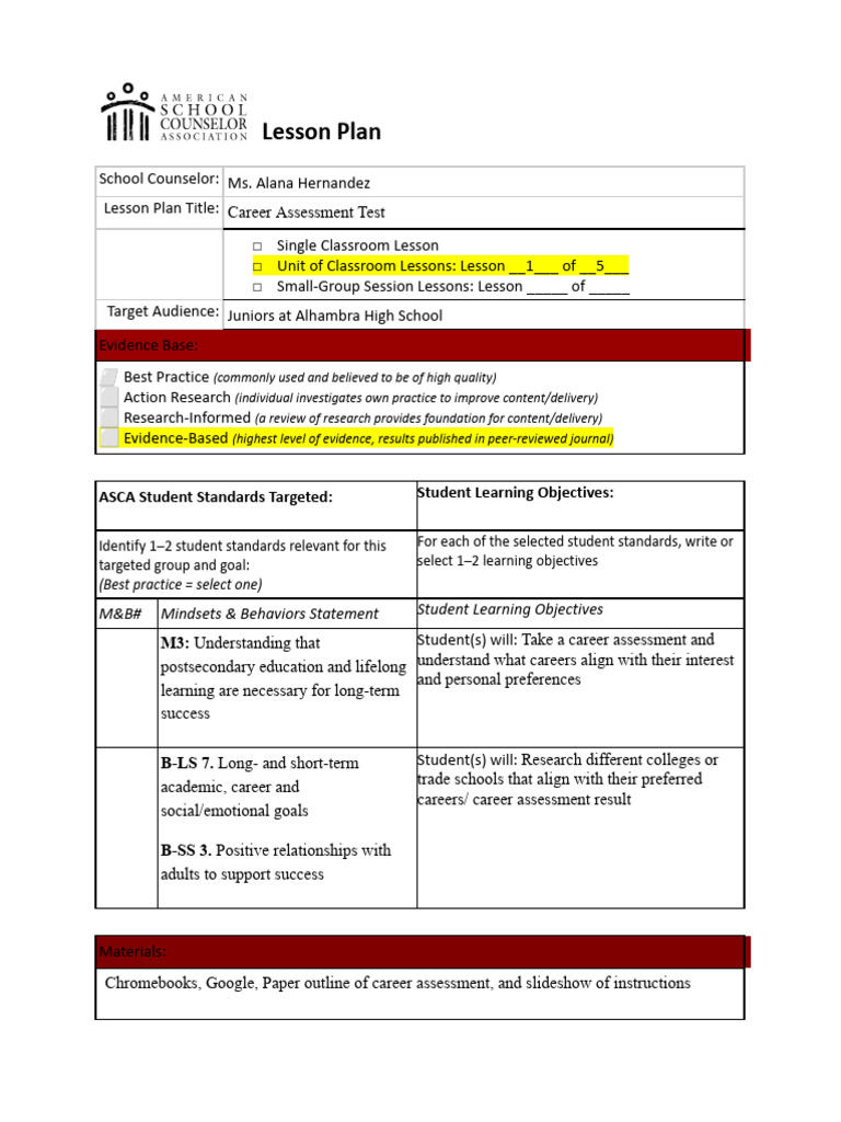 Final Lesson Plan For Assignment 5 | PDF | Learning | School Counselor