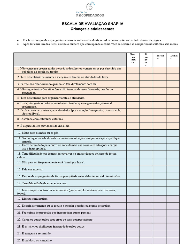 ESCALA Criança e Adolescentes SNAP IV | Download grátis PDF ... ESCALA Criança e Adolescentes SNAP IV | Download grátis PDF ...