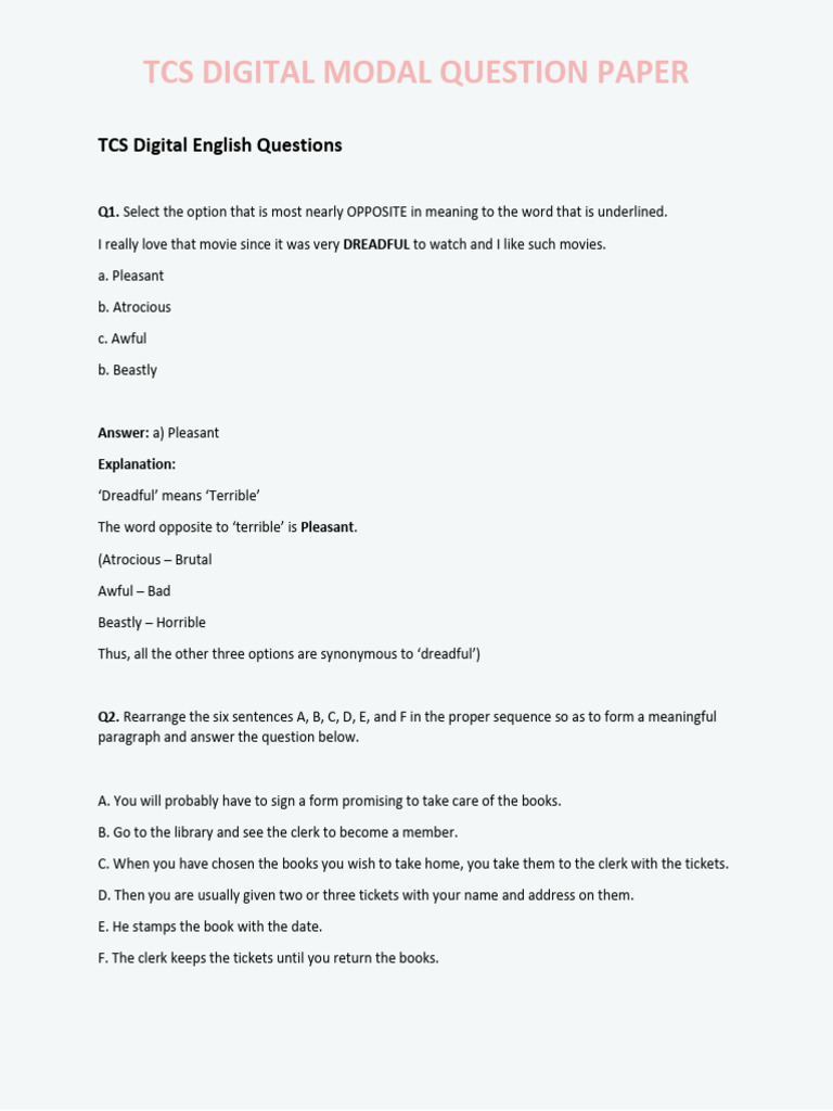 TCS Digital Question Paper Overview | PDF | Triangle | Verb
