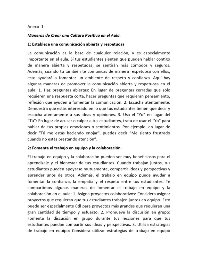 Maneras de Generar Una Cultura Positiva en El Aula | PDF | Salón de ...