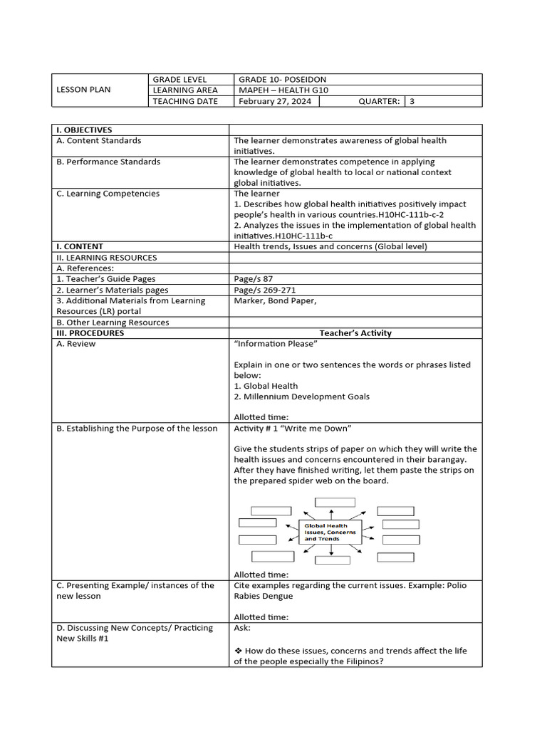 LESSON PLAN FOR COT3 MAPEH 10 | PDF | Learning | Lesson Plan