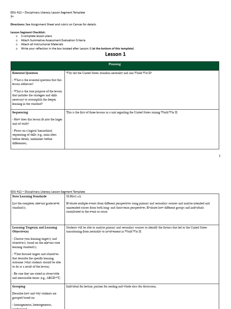 Edu 412 Disciplinary Literacy Lesson Segment Template | PDF ...