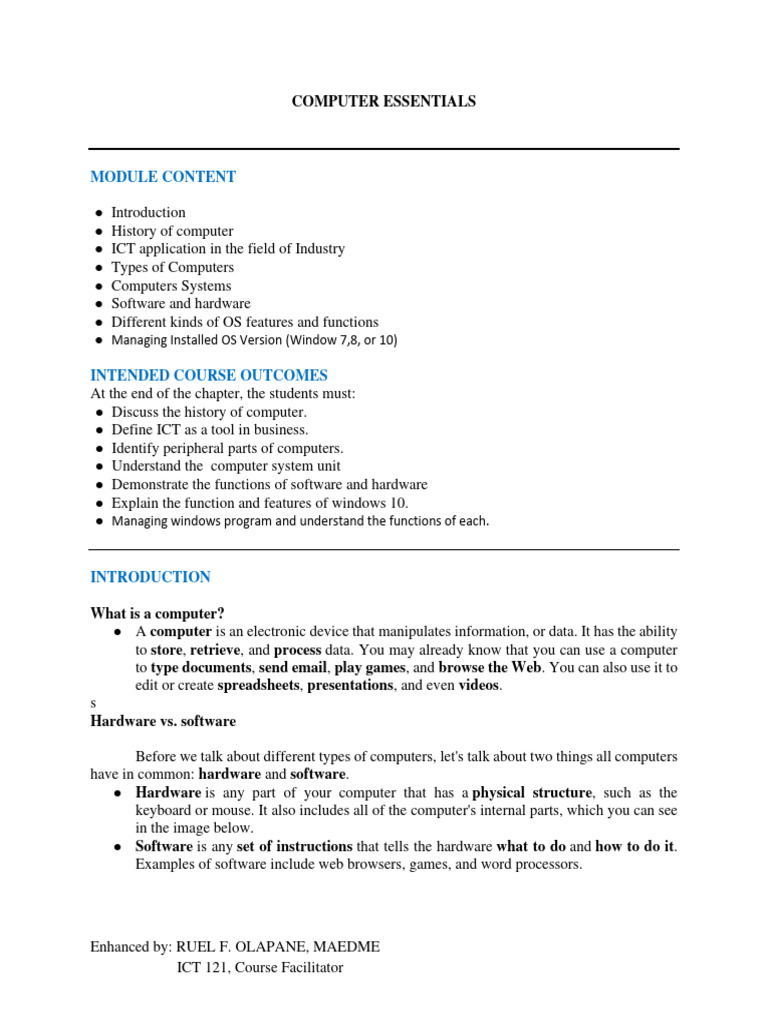 Ict 121computer Essentials | PDF | E Reader | Operating System