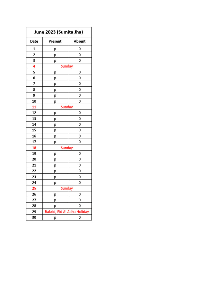 June 2023 Attendence Sheet | PDF