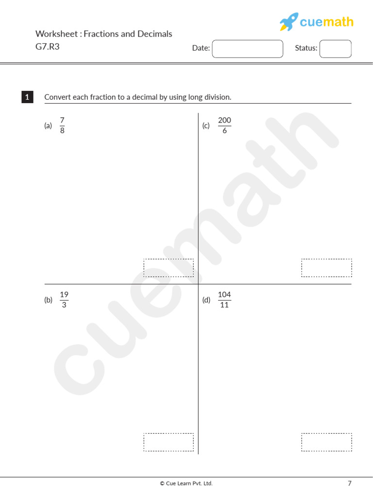 Class 7 Maths Worksheet Fractions and Decimals | PDF