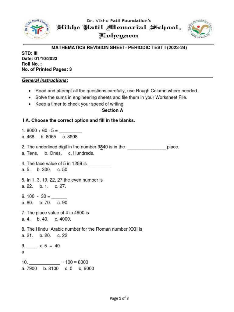 STD III Math Revision Sheet (Periodic Test 1) | PDF | Mathematics