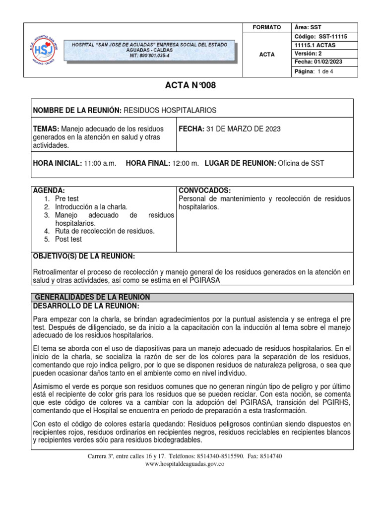 Acta 8 Manejo de Residuos Hospitalarios | PDF | Residuos | Hospital