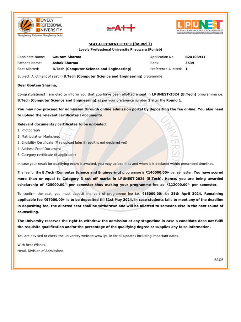 LPUNEST-2024 B.Tech Seat Allotment Letter | PDF
