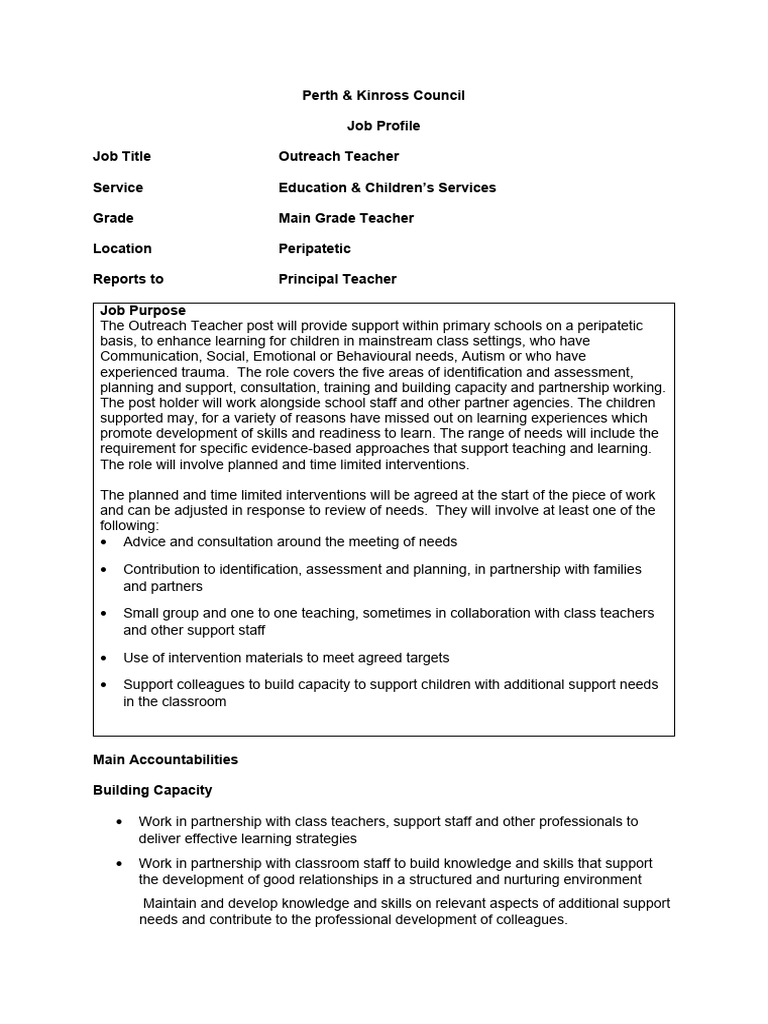 Outreach Teacher - Job Profile | PDF | Teachers | Learning