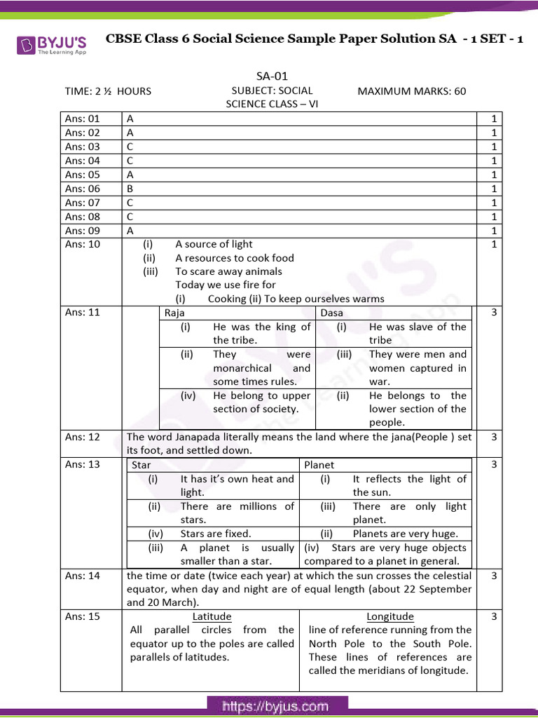 CBSE Class 6 Social Science Sample Paper Solution SA 1 SET 1 | PDF ...