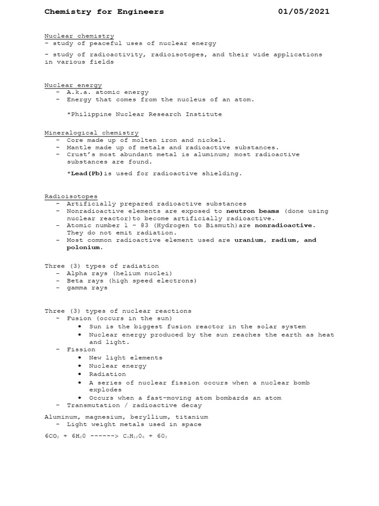 Chemistry For Engineers Notes | PDF | Radioactive Decay | Nuclear Physics