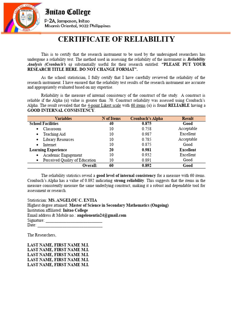 CERTIFICATE-OF-RELIABILITY | PDF | Internal Consistency | Cronbach's Alpha