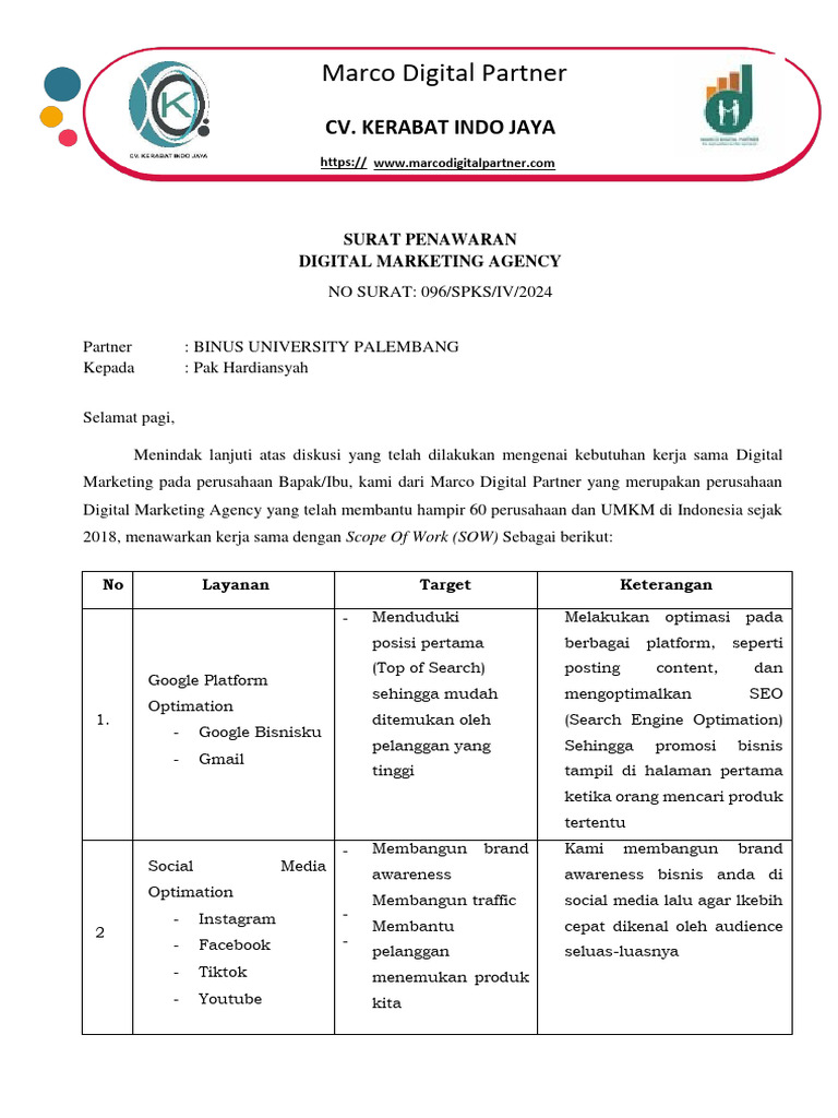 SURAT PENAWARAN AGENCY - BINUS PALEMBANG Pak Hardiansyah | PDF