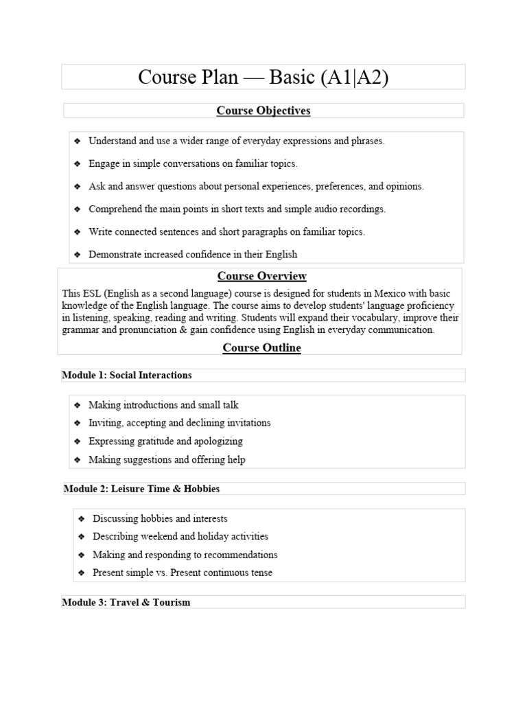 ESL Course Plan for Beginners (A1|A2) | PDF | English Language ...