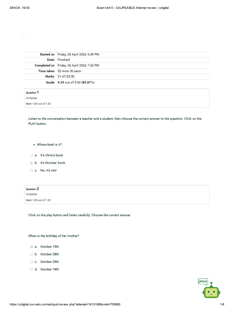 Exam Unit 5 - CALIFICABLE - Attempt Review - Cdigital | PDF