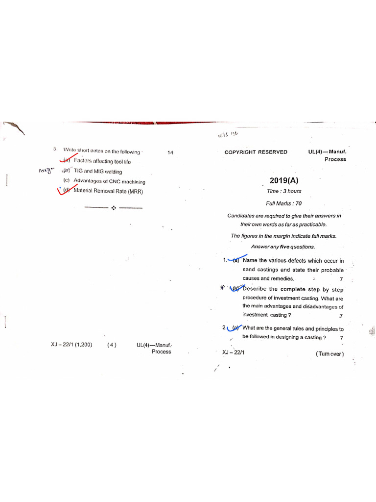 Manufacturing process 4th sem PYQ | PDF