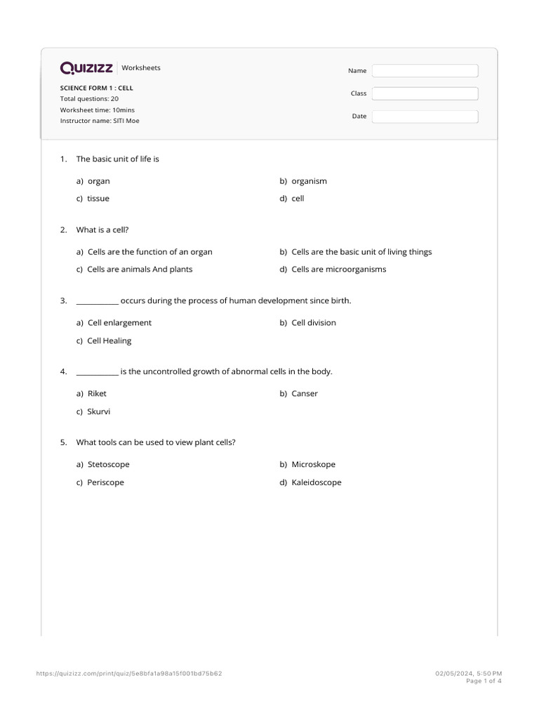 SCIENCE FORM 1 - CELL - Quizizz | PDF | Cell (Biology) | Chloroplast