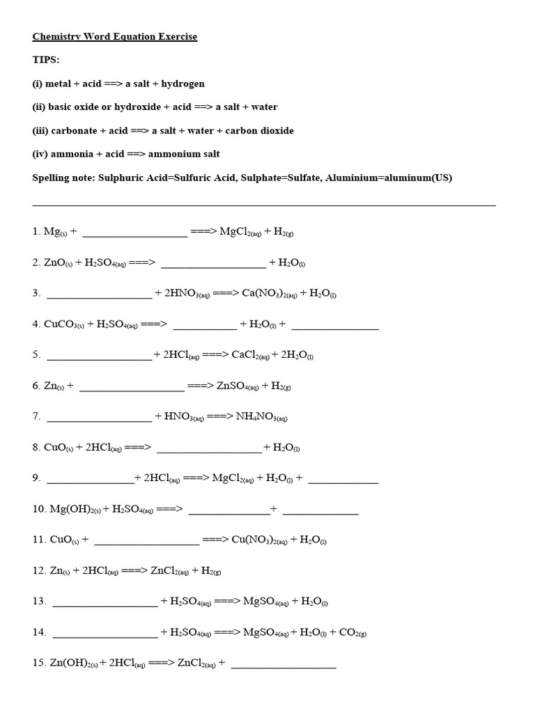 Chemistry Word Equation Exercise W Ans | PDF | Hydroxide | Sulfuric Acid