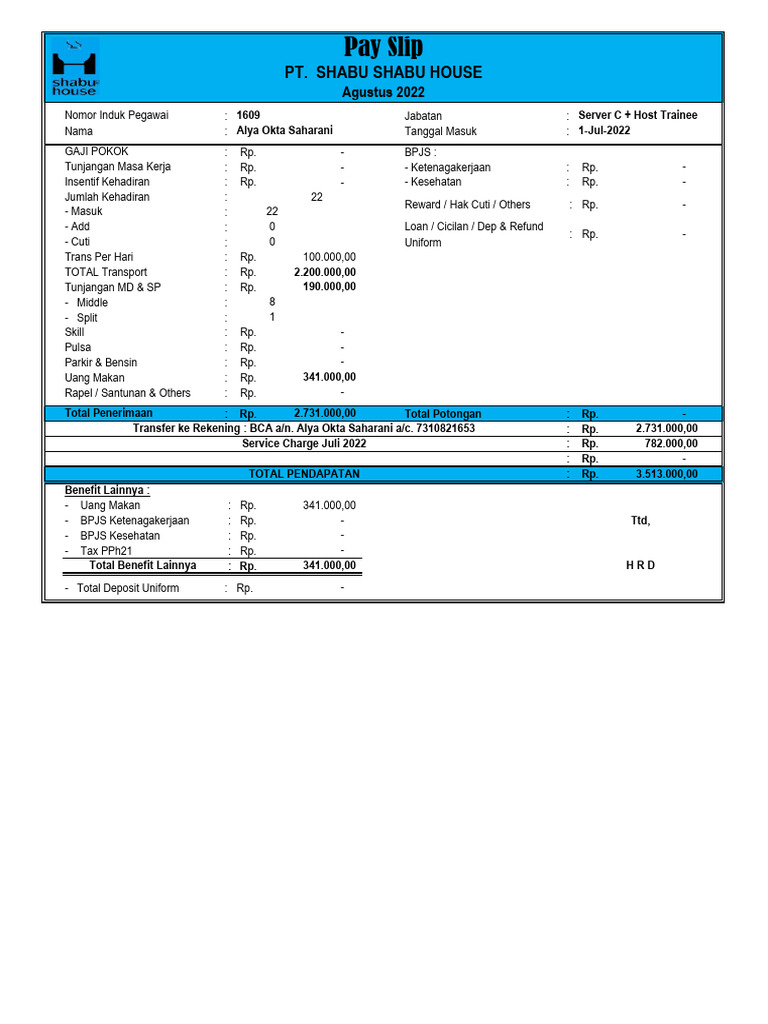 s2h Pay Slip-Agustus 2022-Alya Okta Saharani | PDF