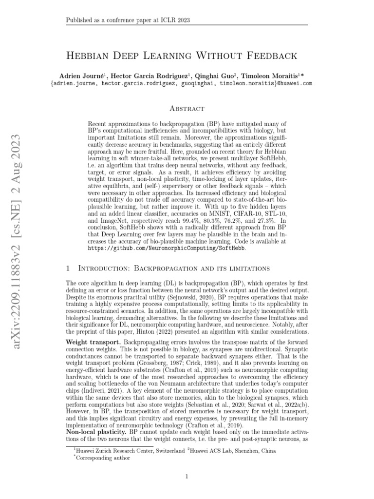 Hebbian Deep Learning Without Feedback | PDF | Deep Learning | Artificial Neural Network