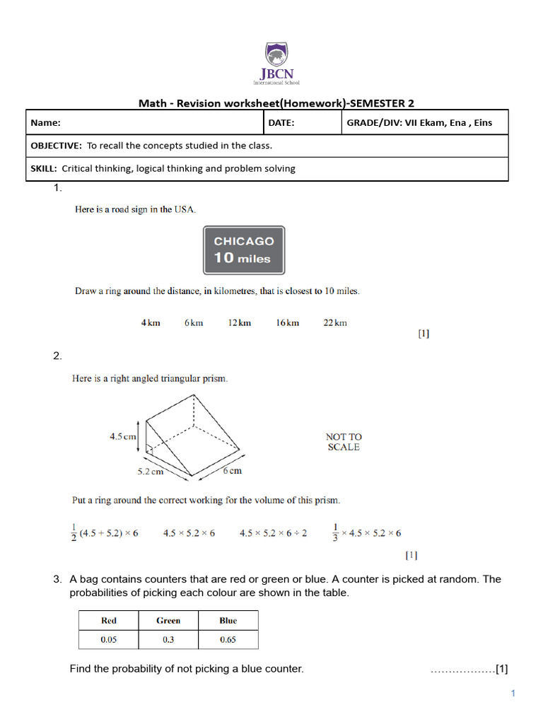 G7 Revision Math Sem2-HW Worksheet 1 | PDF | Area
