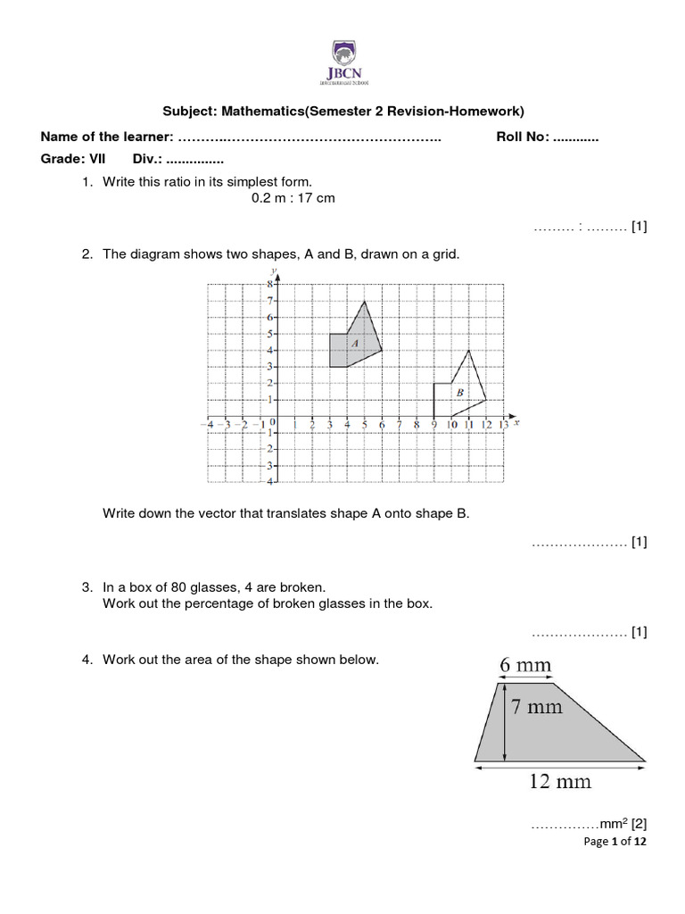 G7 Revision Math Sem2 - HW Worksheet 2 | PDF | Geometry