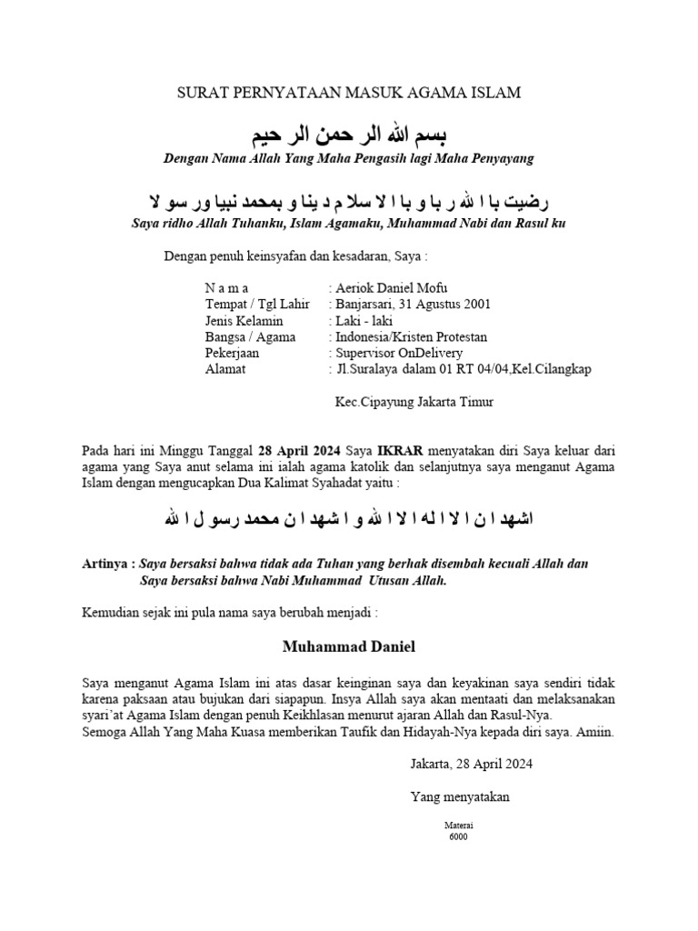 Pernyataan Masuk Islam Muhammad Daniel | PDF