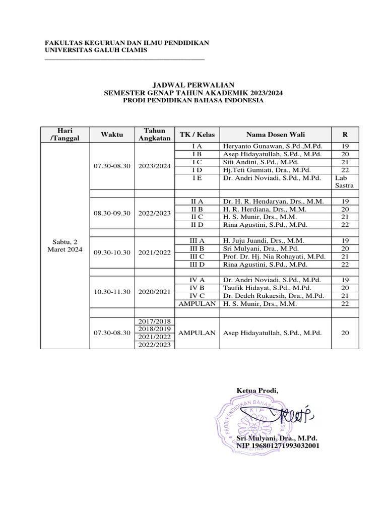 Jadwal Perwalian SMSTR Genap 2023-2024 | PDF