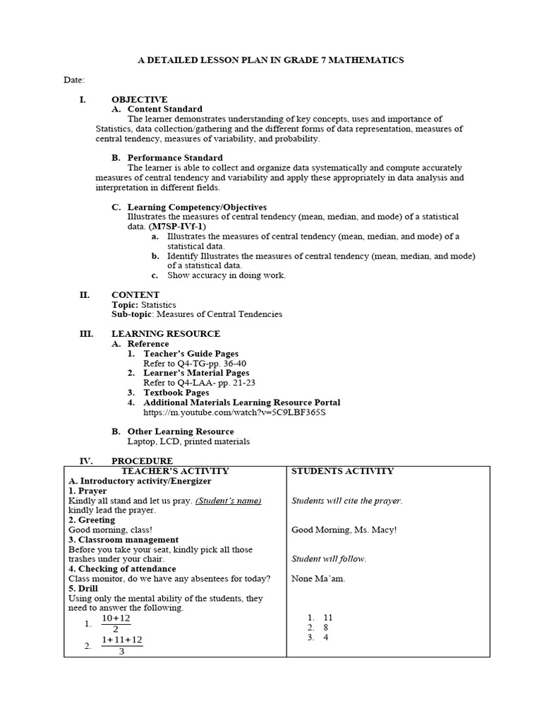 Grade 7 Math: Central Tendencies | PDF | Statistics | Learning