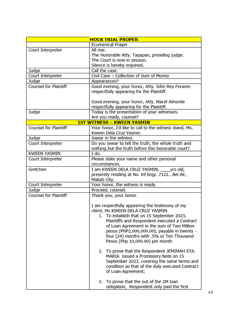SCRIPT Mock Trial Civil Case | PDF | Affidavit | Witness
