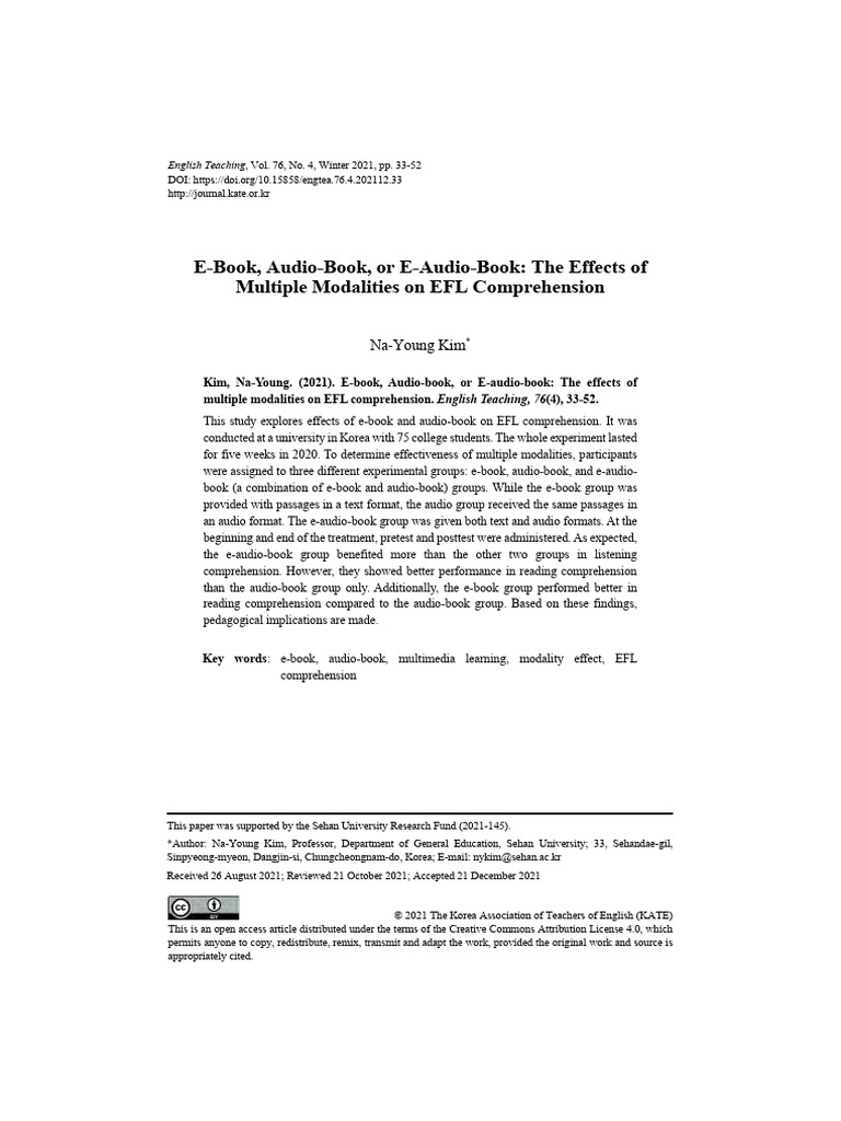 E-Book, Audio-Book, or E-Audio-Book: The Effects of Multiple Modalities On EFL Comprehension ...
