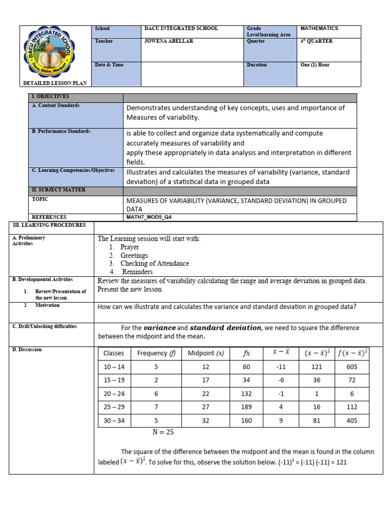 LP Grade 7 Measures of Variability Variance Standard Deviation in ...