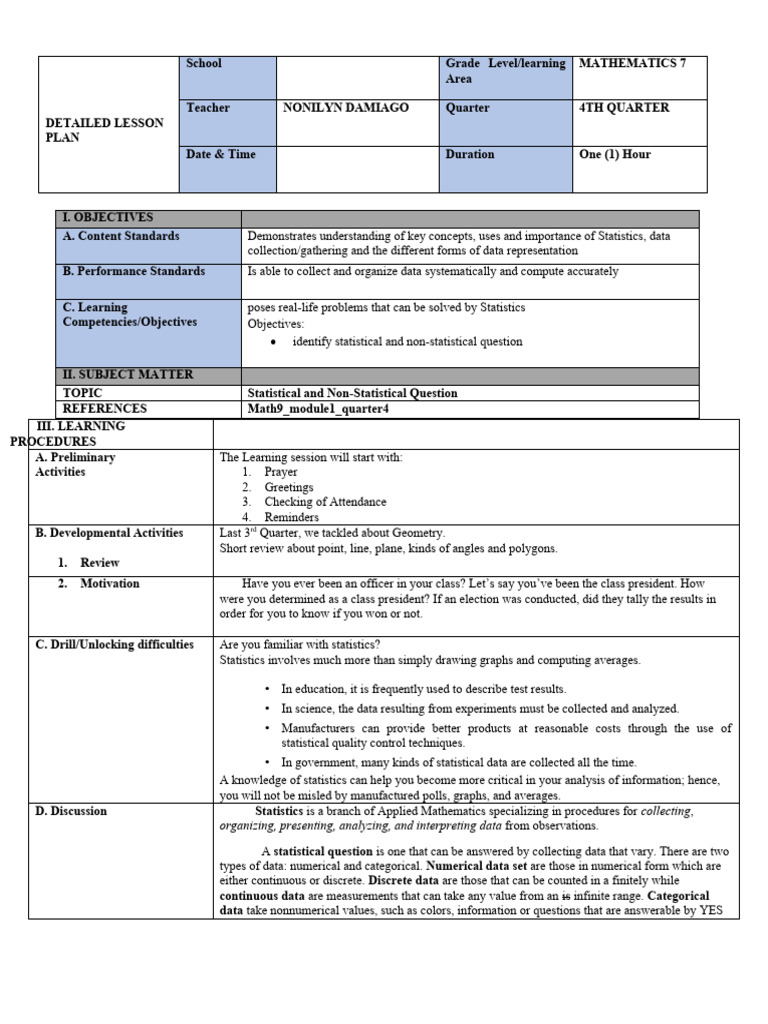 Grade 7 Statistics Lesson Plan | PDF | Statistics | Data