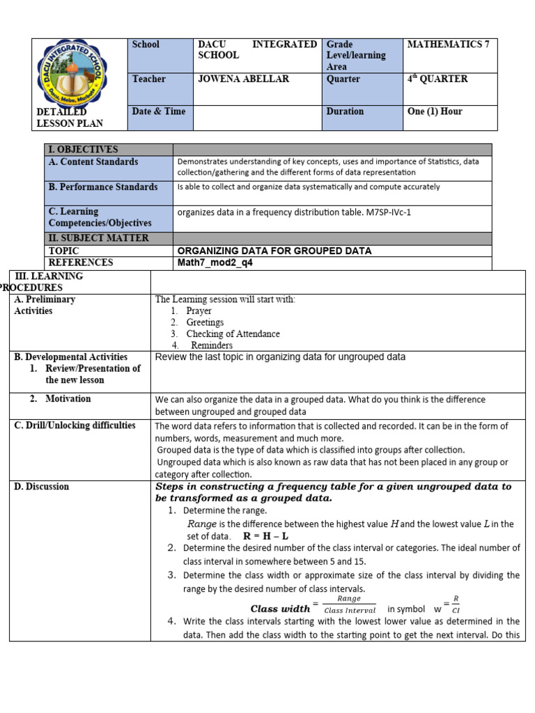 LP Grade 7 Organizing Data For Grouped Data | PDF | Data | Learning