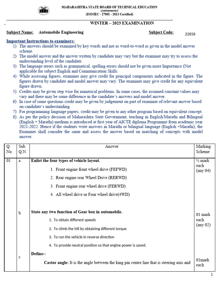 Automobile Engineering Exam Guidelines 22656 | PDF | Axle | Brake