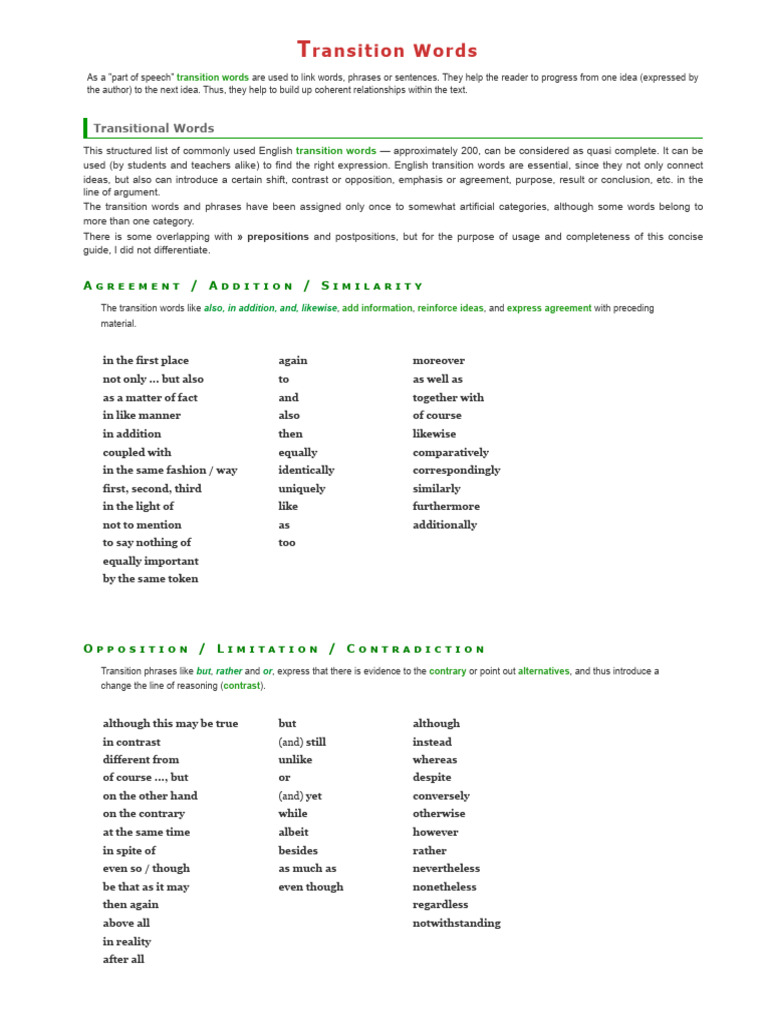 Essential English Transition Words List | PDF | English Language | Word