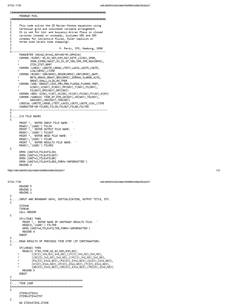 1494 LISTADO PROGRMA PCOL.F SOLVES THE 2D NAVIER STOKES EQUATIONS USING ...