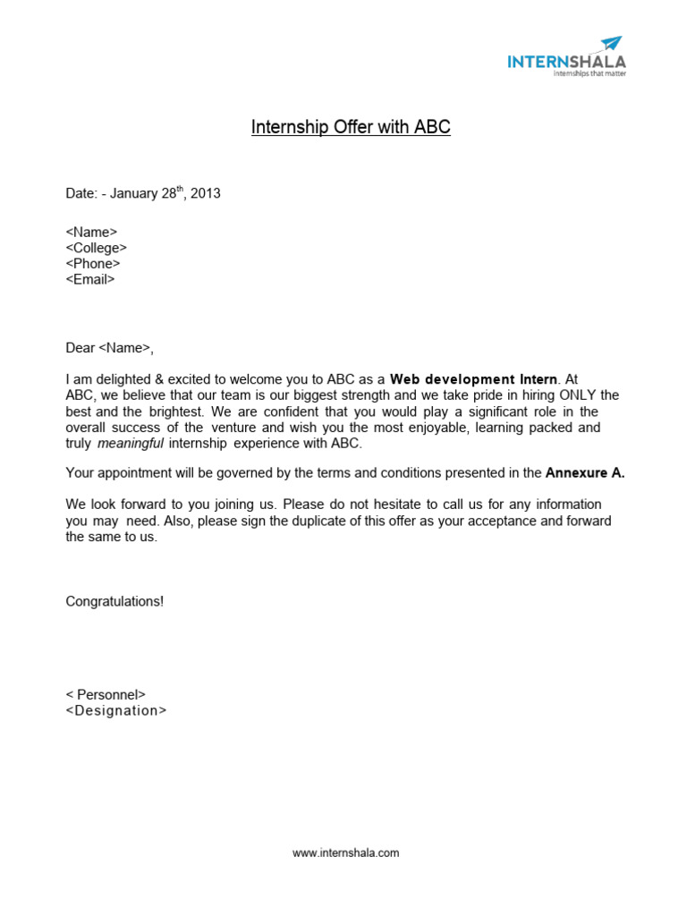 Sample Offer Letter | PDF | Internship | Job Hunting