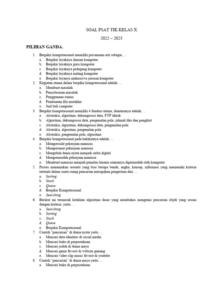 Soal Pas X Tik 2022-2023 | PDF | Metode & Bahan Ajar | Komputer