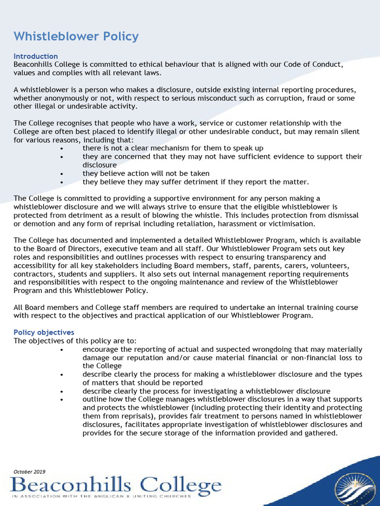 Whistleblower Policy | PDF | Discovery (Law) | Justice