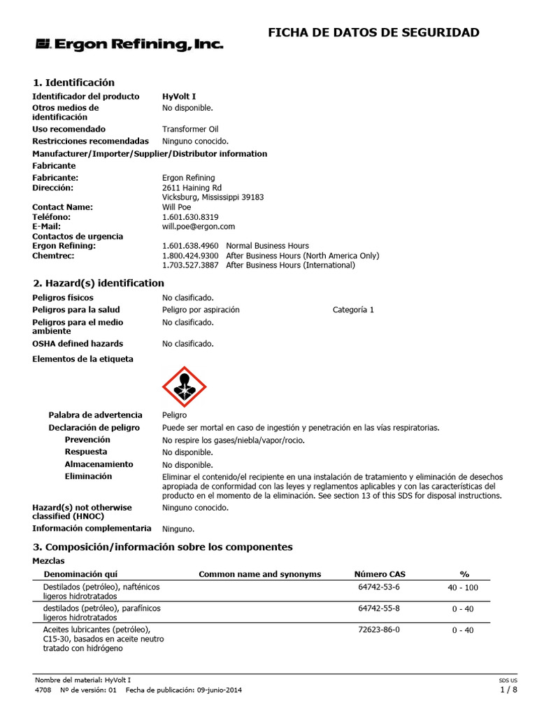 2014-06-09 SDS US Spanish - HyVolt I | PDF | Residuos | Agua