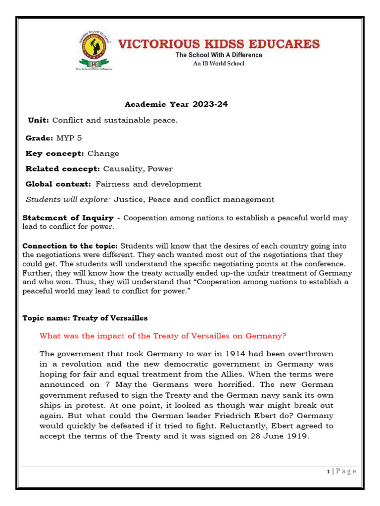 MYP5 U1 Impact of Treaty of Versailles Notes | PDF | World War I ...