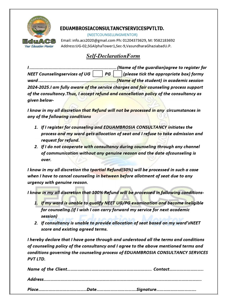 NEET Counseling Self-Declaration Form | PDF