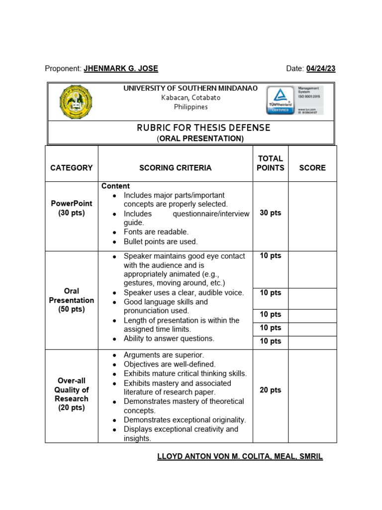 Rubric For Thesis Defense Oral Presentation | PDF | Critical Thinking ...